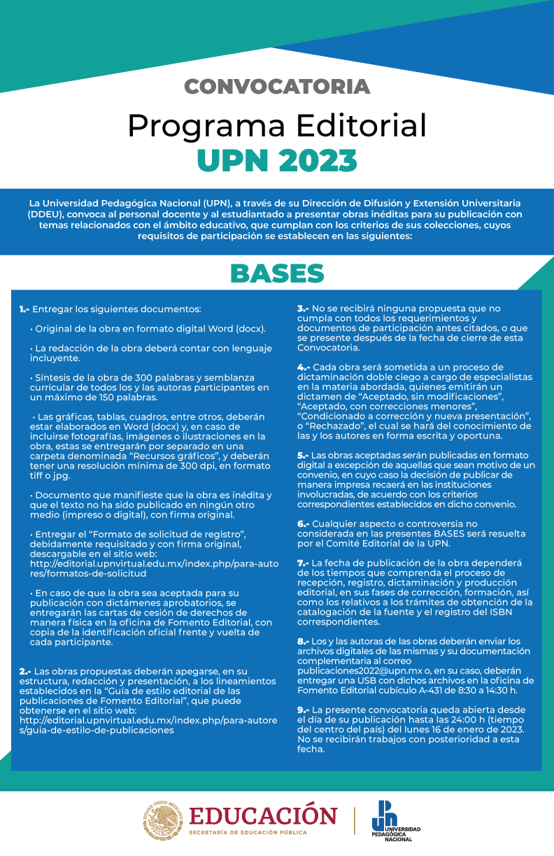 Convocatoria Programa Editorial 2023 – Unidad UPN 099 CDMX, Poniente