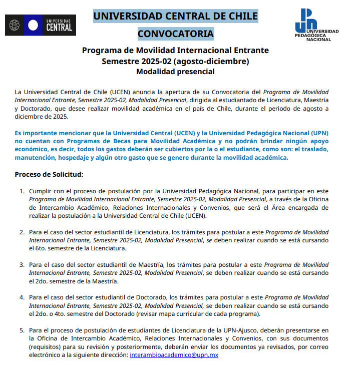 UNIVERSIDAD CENTRAL DE CHILECONVOCATORIA – Unidad UPN 099 CDMX, Poniente